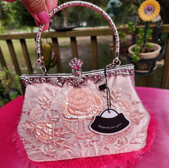Bags | Victorian Style Beaded Pink Satin Handbag Nwt | Poshmark